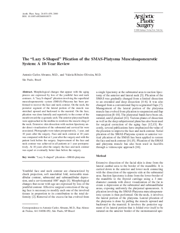 (PDF) The ``Lazy S-Shaped'' Plication of the SMAS-Platysma ...
