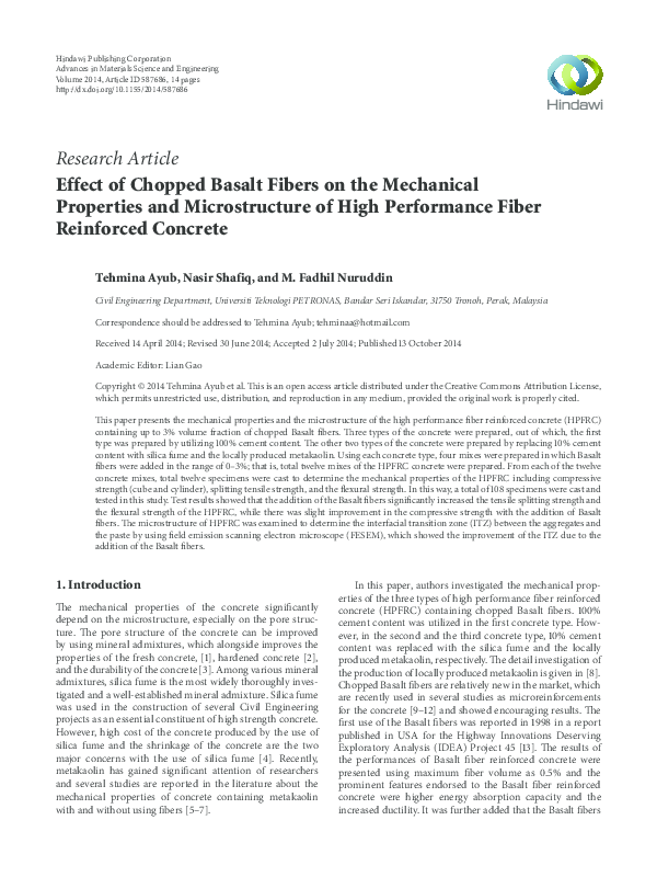 (PDF) Effect of Chopped Basalt Fibers on the Mechanical Properties and Microstructure of High ...