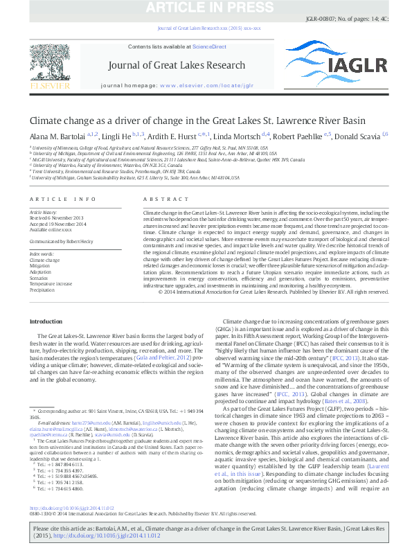 (PDF) Climate change as a driver of change in the Great Lakes St ...