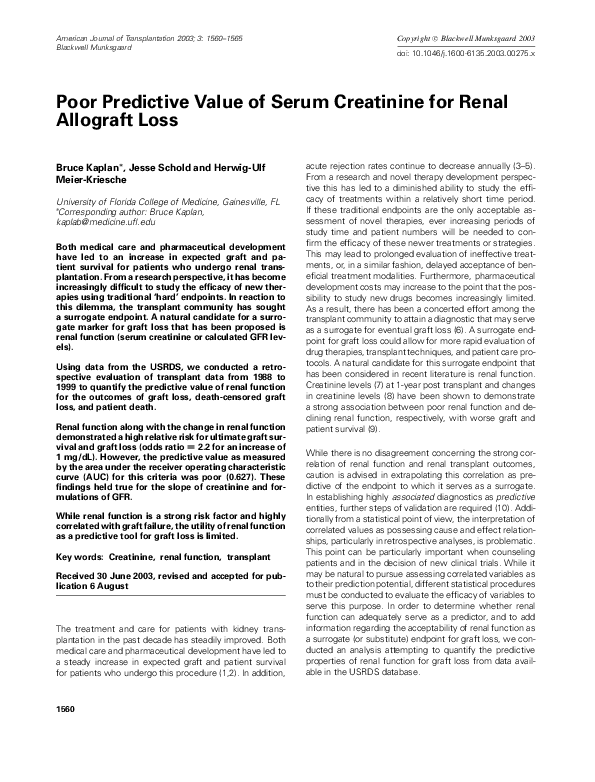 (PDF) Poor Predictive Value of Serum Creatinine for Renal Allograft ...