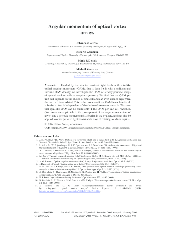 (PDF) Angular momentum of optical vortex arrays | M. Vasnetsov - Academia.edu