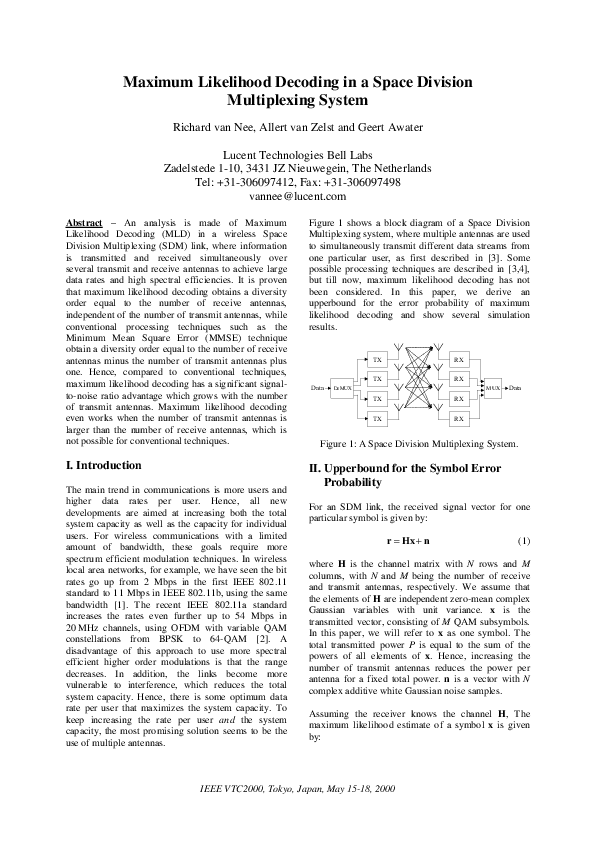 Pdf Maximum Likelihood Decoding In A Space Division Multiplexing System