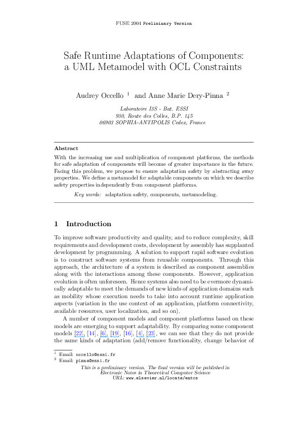 (PDF) Safe runtime adaptations of components: a UML metamodel with OCL constraints