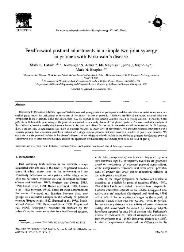 (PDF) Feedforward postural adjustments in a simple two-joint synergy in ...