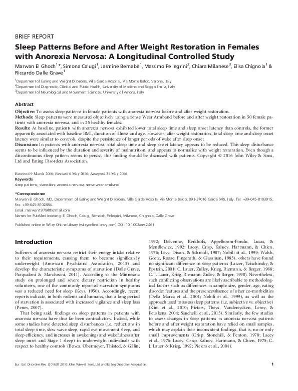(PDF) Sleep Patterns Before and After Weight Restoration in Females ...
