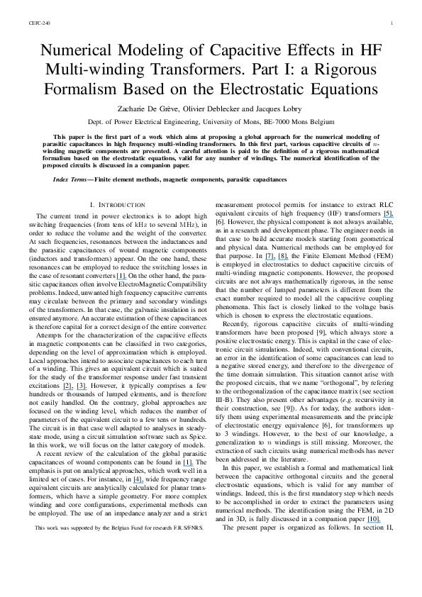 (PDF) Numerical Modeling of Capacitive Effects in HF Multiwinding Transformers—Part II ...