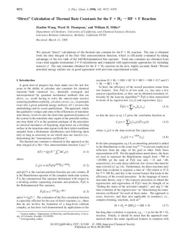 (PDF) “Direct” Calculation of Thermal Rate Constants for the F + H 2 → HF + F Reaction