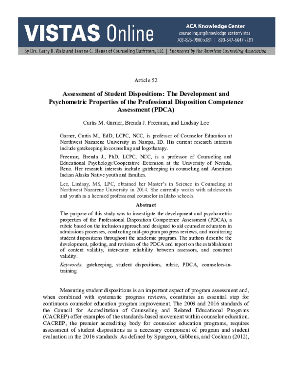 (PDF) Assessment of Student Dispositions: The Development and ...