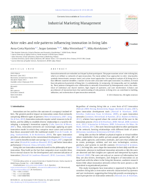 (PDF) Actor roles and role patterns influencing innovation in living labs