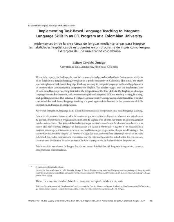 Pdf Implementing Task Based Language Teaching To Integrate Language