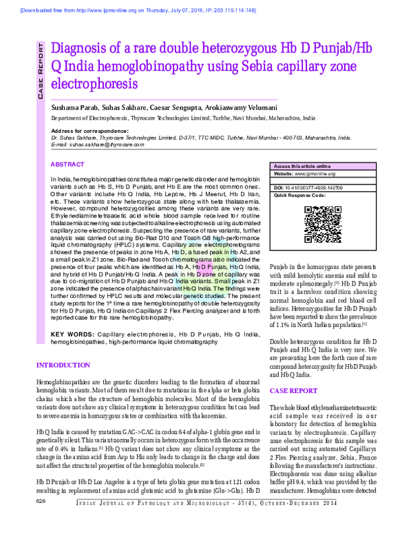 (PDF) Diagnosis of a rare double heterozygous Hb D Punjab/Hb Q India ...