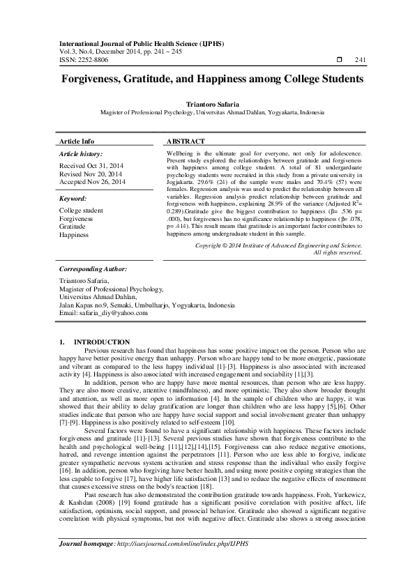 (PDF) Forgiveness, Gratitude, and Happiness among College Students