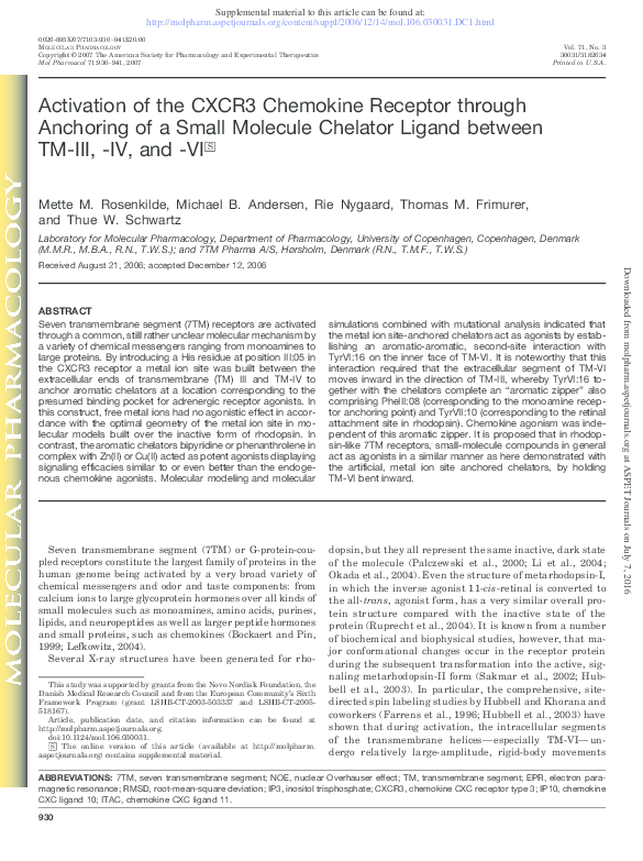 (PDF) Activation of the CXCR3 Chemokine Receptor through Anchoring of a ...
