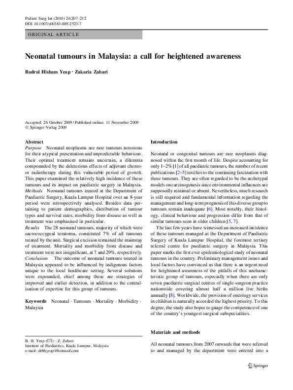 Neonatal tumours in Malaysia: a call for heightened awareness