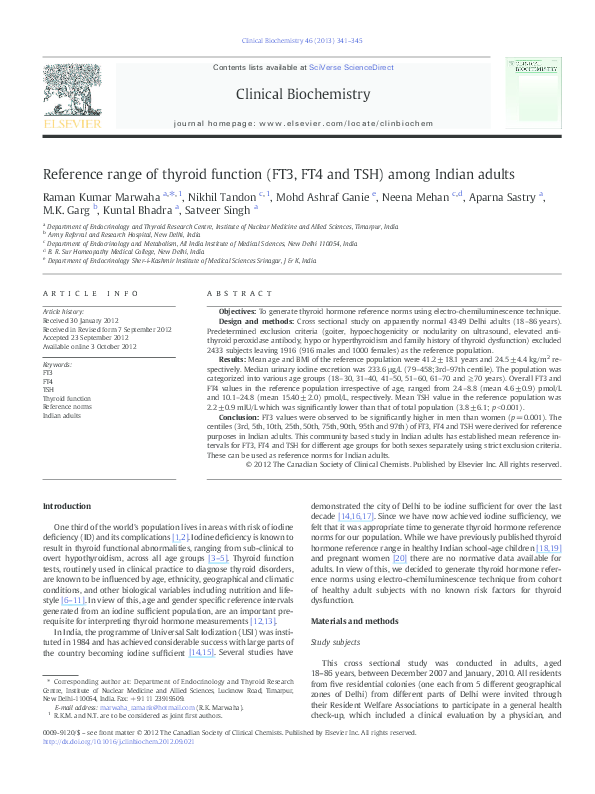 (PDF) Reference range of thyroid function (FT3, FT4 and TSH) among ...