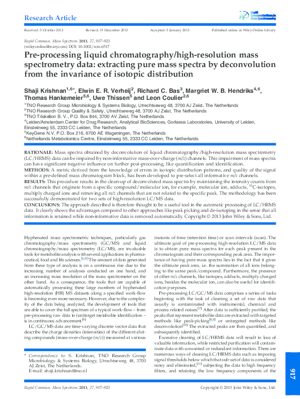Pdf Pre Processing Liquid Chromatography High Resolution Mass Spectrometry Data Extracting