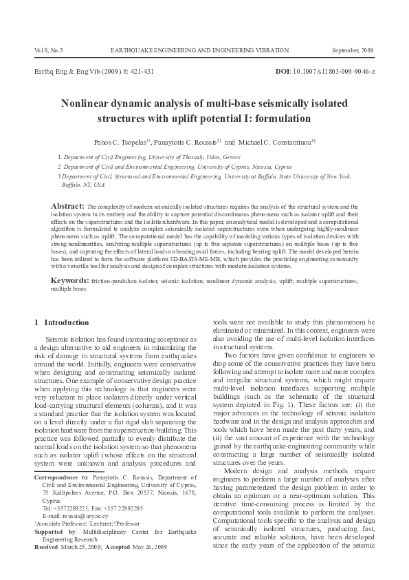 Pdf Nonlinear Dynamic Analysis Of Multi Base Seismically Isolated Structures With Uplift