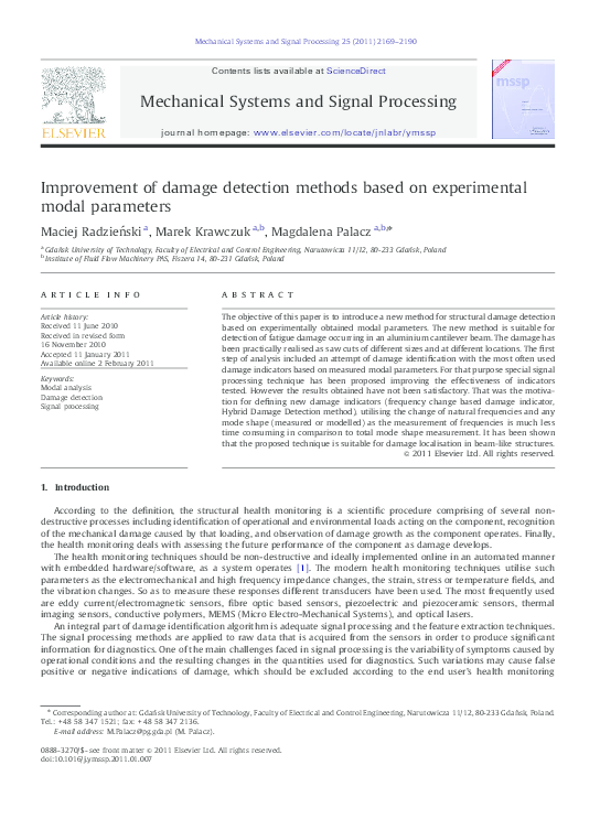 (PDF) Improvement of damage detection methods based on experimental modal parameters