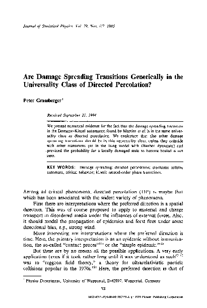 (PDF) Are damage spreading transitions generically in the universality class of directed ...