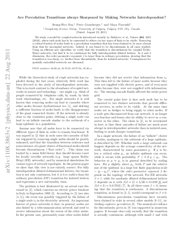 (PDF) Percolation Transitions Are Not Always Sharpened by Making Networks Interdependent