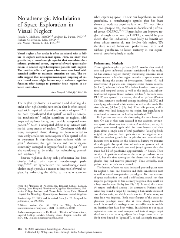 Pdf Noradrenergic Modulation Of Space Exploration In Visual Neglect