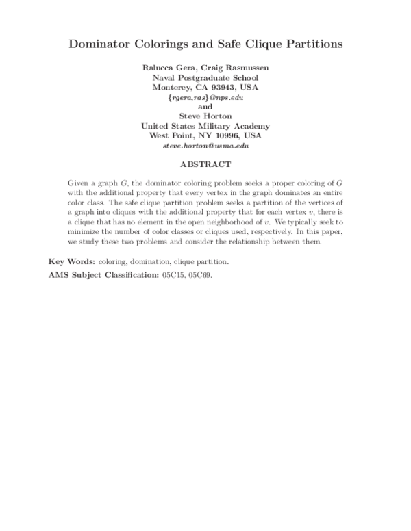 (PDF) Dominator Colorings and Safe Clique Partitions