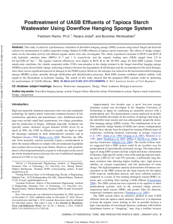 (PDF) Posttreatment of UASB Effluents of Tapioca Starch Wastewater Using Downflow Hanging Sponge ...