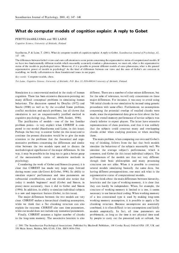 (PDF) What do computer models of cognition explain: A reply to Gobet