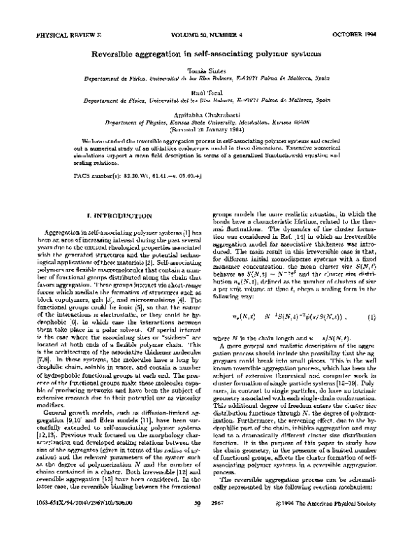 (PDF) Reversible aggregation in self-associating polymer systems
