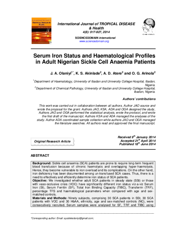 (PDF) Serum Iron Status and Haematological Profiles in Adult Nigerian ...