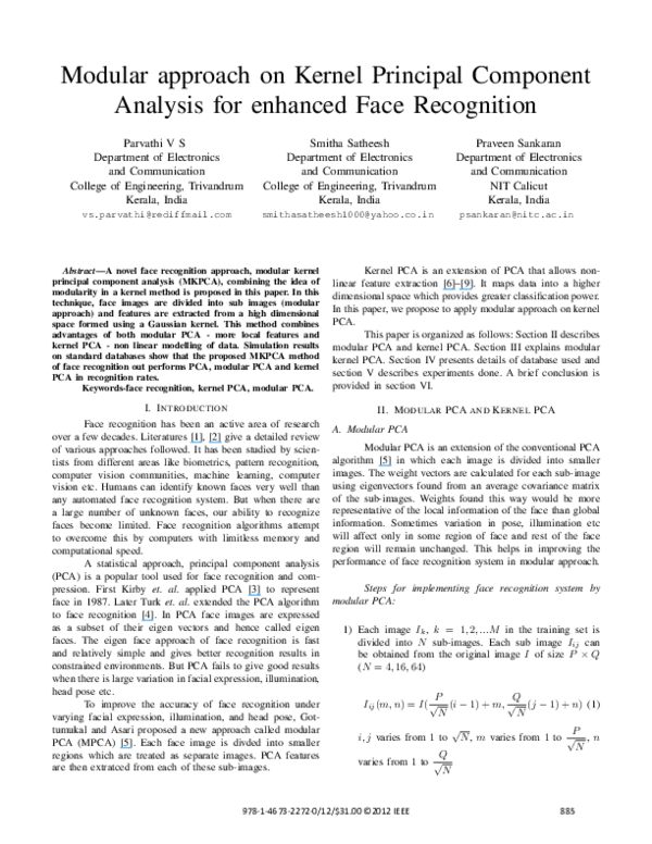 Pdf Modular Approach On Kernel Principal Component Analysis For