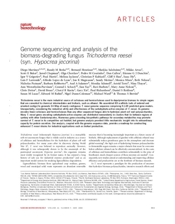 (PDF) Genome sequencing and analysis of the biomass-degrading fungus Trichoderma reesei (syn ...