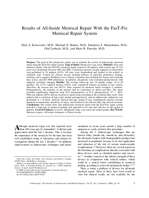 (PDF) Results of All-Inside Meniscal Repair With the FasT-Fix Meniscal ...