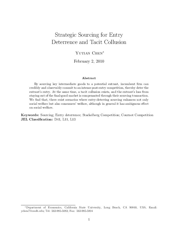 (PDF) Strategic sourcing for entry deterrence and tacit collusion