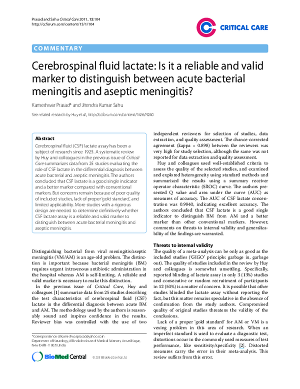 (PDF) Cerebrospinal fluid lactate concentration to distinguish ...