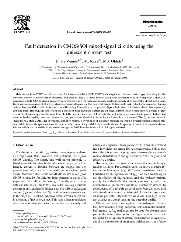 Pdf Fault Detection In Cmos Soi Mixed Signal Circuits Using The