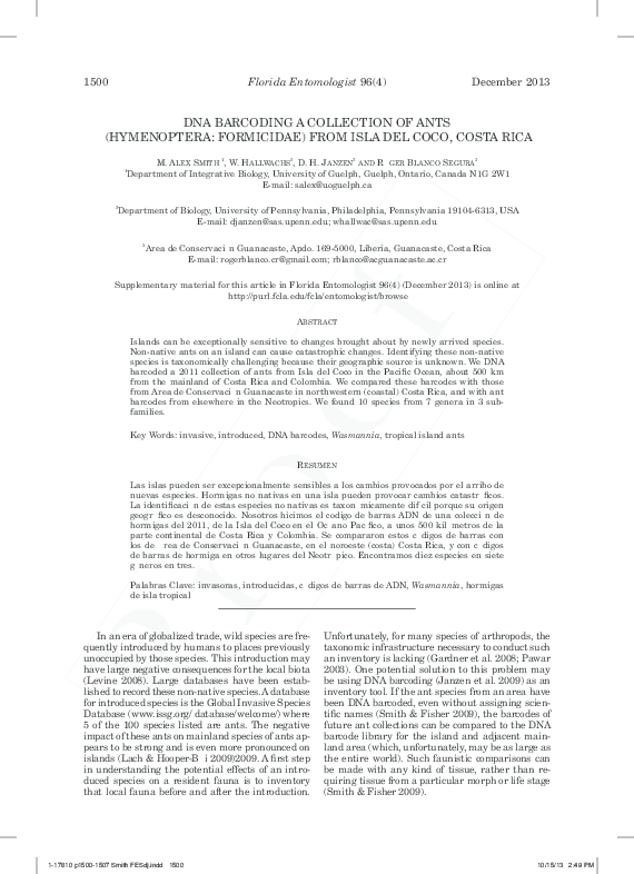 (PDF) Dna Barcoding a Collection of Ants (Hymenoptera: Formicidae) from Isla Del Coco, Costa Rica