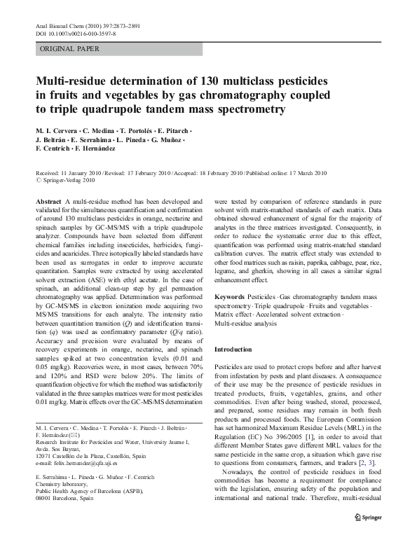 (PDF) Multi-residue determination of 130 multiclass pesticides in fruits and vegetables by gas ...