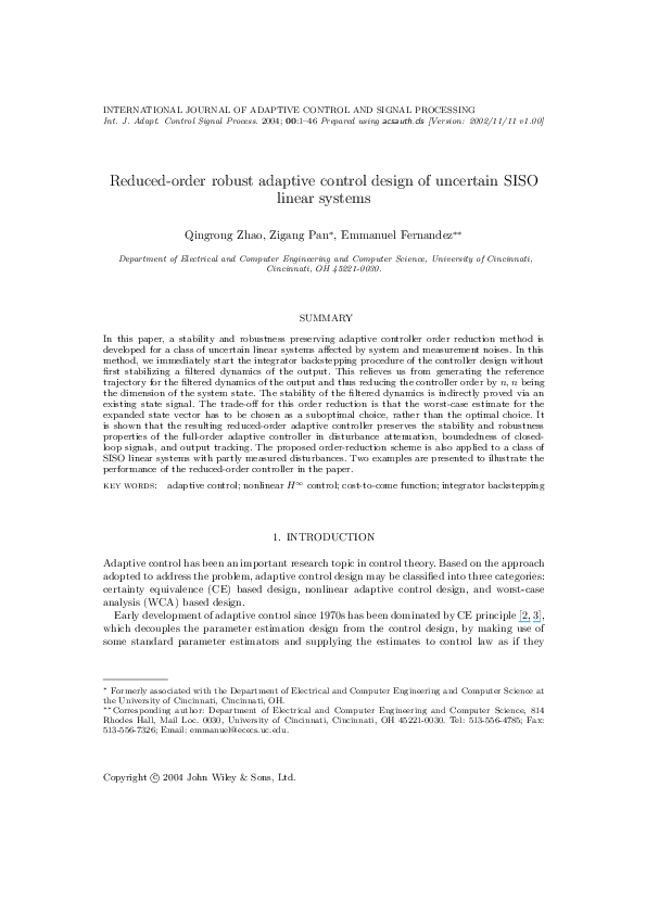 (PDF) Reduced-order robust adaptive control design of uncertain SISO ...