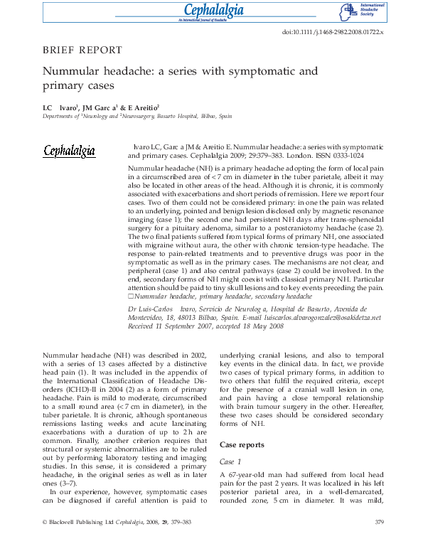 (PDF) Nummular headache: a series with symptomatic and primary cases