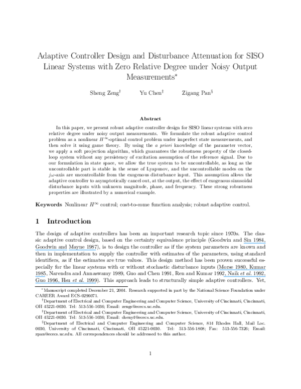 Pdf Adaptive Controller Design And Disturbance Attenuation For Sequentially Interconnected