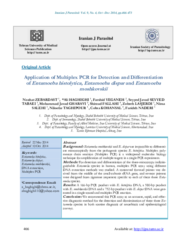 (PDF) Application of Multiplex PCR for Detection and Differentiation of Entamoeba histolytica ...