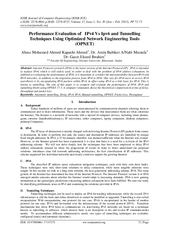 (PDF) Performance Evaluation of IPv4 Vs Ipv6 and Tunnelling Techniques Using Optimized Network ...