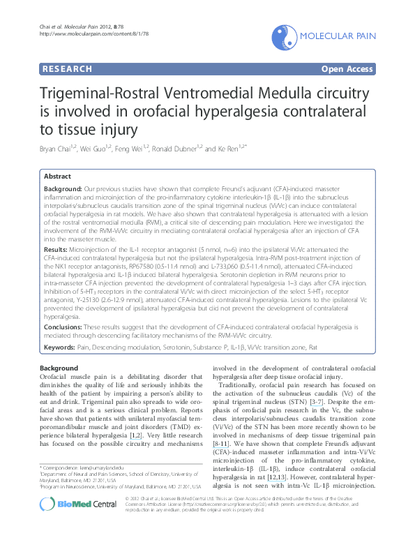 (PDF) Trigeminal-rostral ventromedial medulla circuitry is involved in orofacial hyperalgesia ...