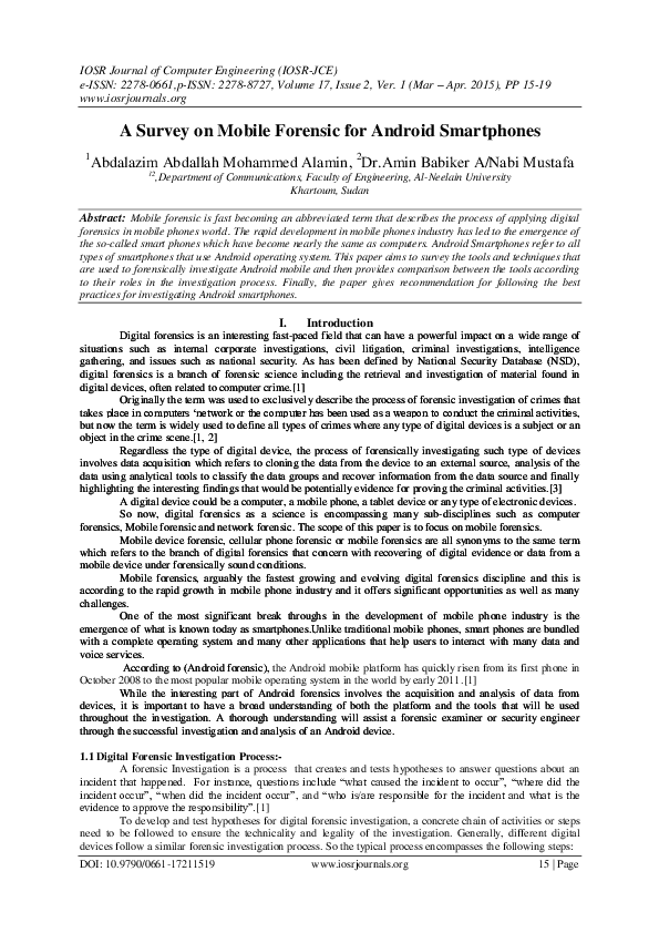 (PDF) A Survey on Mobile Forensic for Android Smartphones