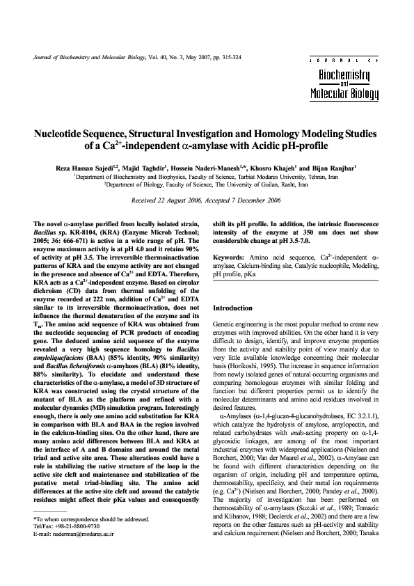 (PDF) Nucleotide sequence, structural investigation and homology modeling studies of a Ca2 ...