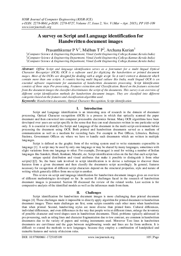 Pdf A Survey On Script And Language Identification For Handwritten Document Images