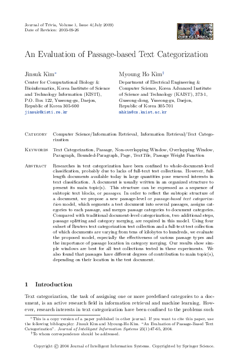 Pdf An Evaluation Of Passage Based Text Categorization