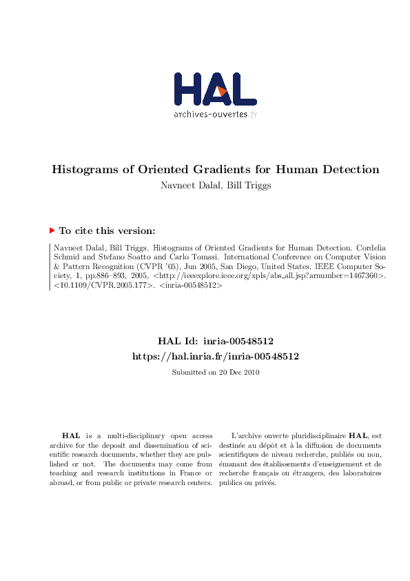 Pdf Histograms Of Oriented Gradients For Human Detection