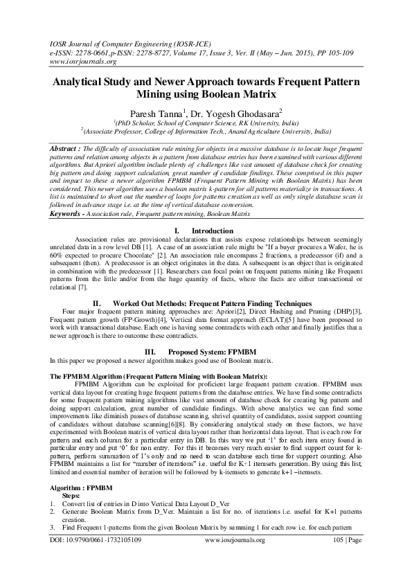 (PDF) Analytical Study and Newer Approach towards Frequent Pattern Mining using Boolean Matrix